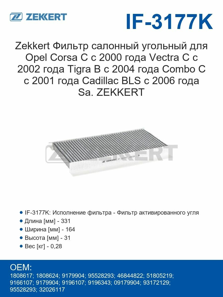 Zekkert Фильтр салонный угольный для Opel Corsa C с 2000 года Vectra C с 2002 года Tigra B с 2004 года Combo C с 2001 года Cadillac BLS с 2006 года Sa. ZEKKERT
