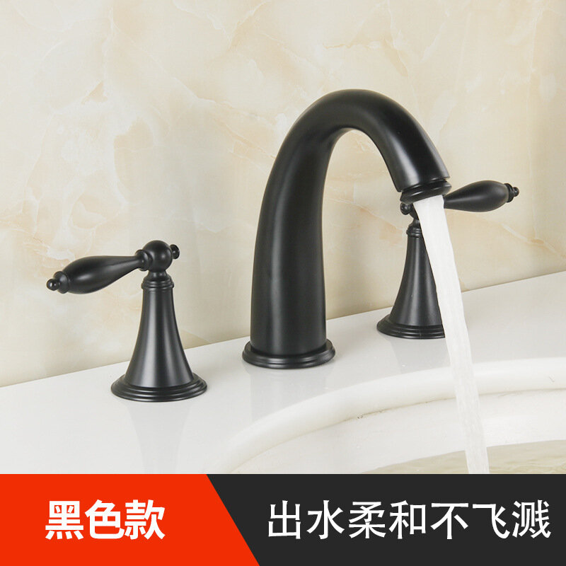 Европейский стиль золотой полностью медный вращающийся трехотверстный смеситель для раковины, трехкомпонентный набор, разделенный двойной ручкой, двойное управление горячей и холодной водой