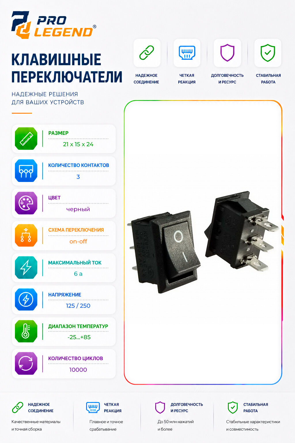 Клавишный переключатель ON-ON, черный, 3 контакта