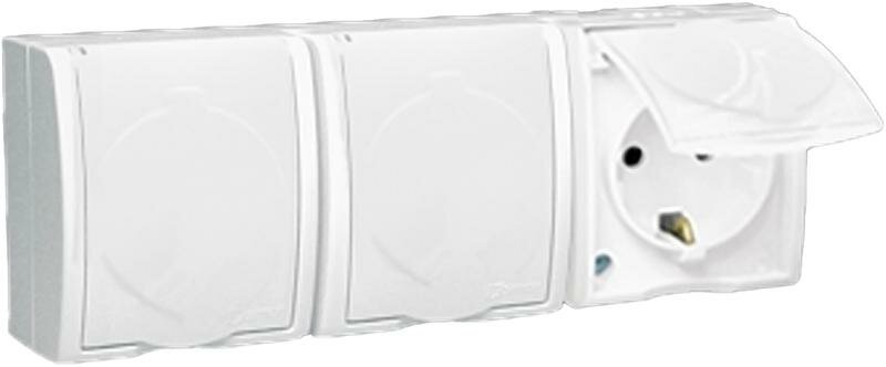 Розетка 3-м ОП Simon15 16А IP54 250В с заземл. Schuko защ. шторки с крышкой винт. клеммы бел. Simon 1594447-030