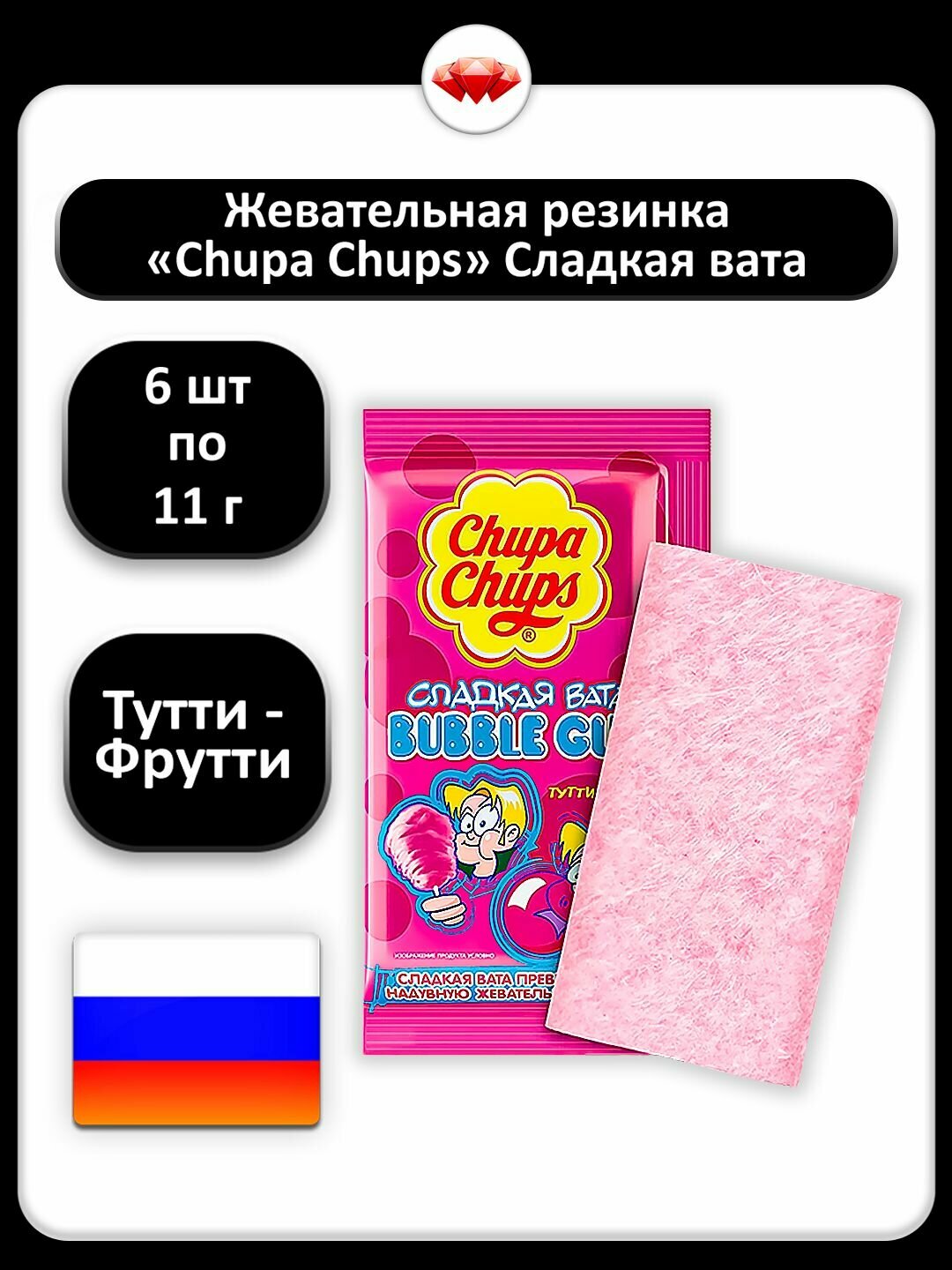 (6 x 11 г) / Chupa Chups, Жевательная резинка (Сладкая вата) мини размер, фруктово-сладкий вкус, для детей и взрослых, удобная упаковка, яркий десерт, для перекусов и развлечений, мягкая