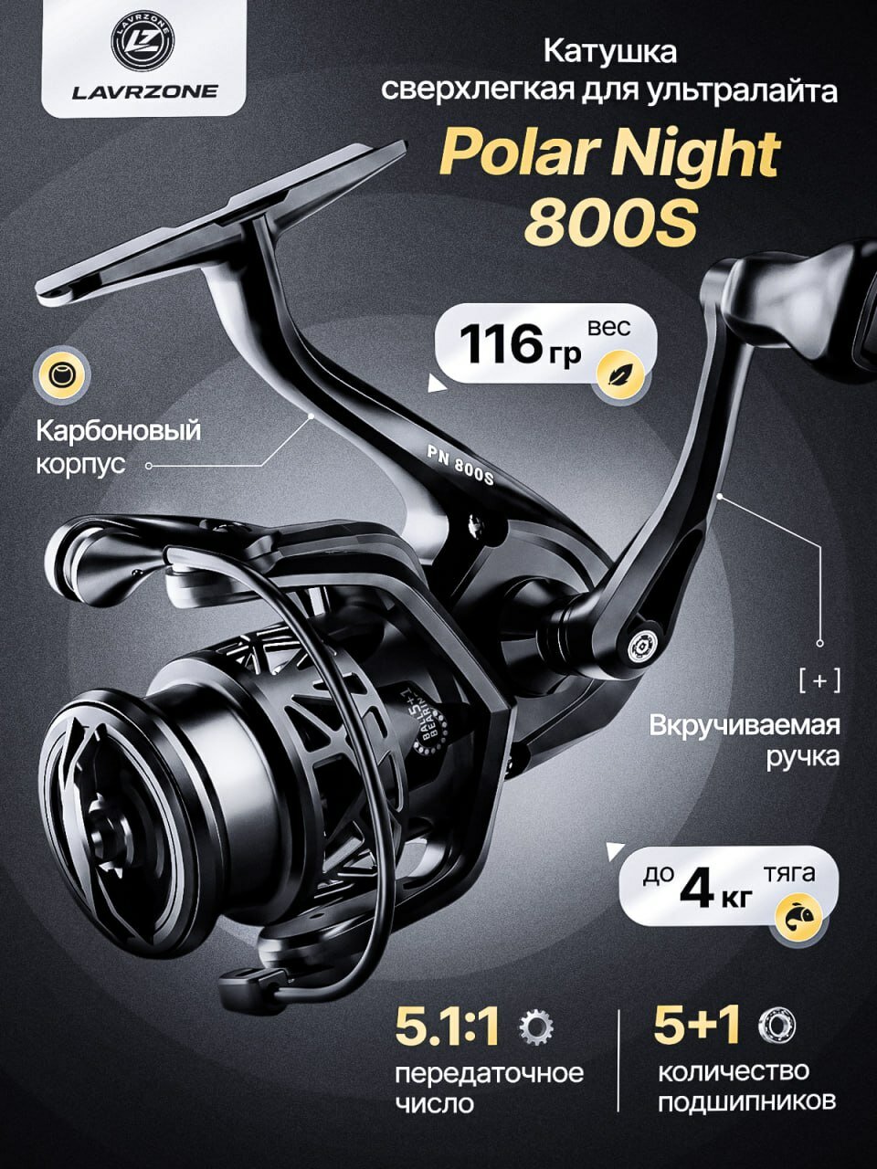 Катушка для лайт спиннинга 800 рыболовная PN_800 LAVRZONE, катушка для летней рыбалки, для удочки ультралайт
