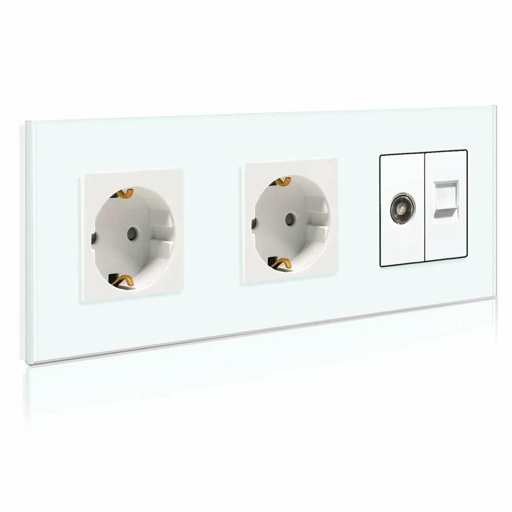 Розетка с CAT5 /ТВ, интернет+ТВ+2 поста розетка, рамка стекло Белая,228mm