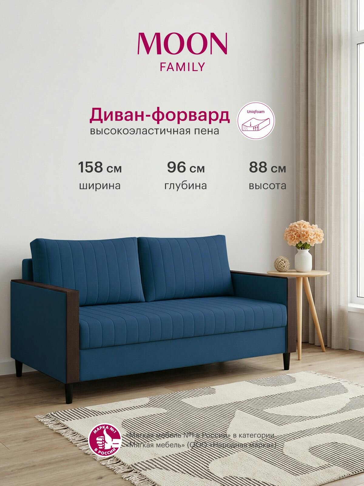 Диван-кровать прямой, раскладной форвард MOON FAMILY 143, синий велюр, 158х96х88 Эксклюзивная пена UniqFoam.