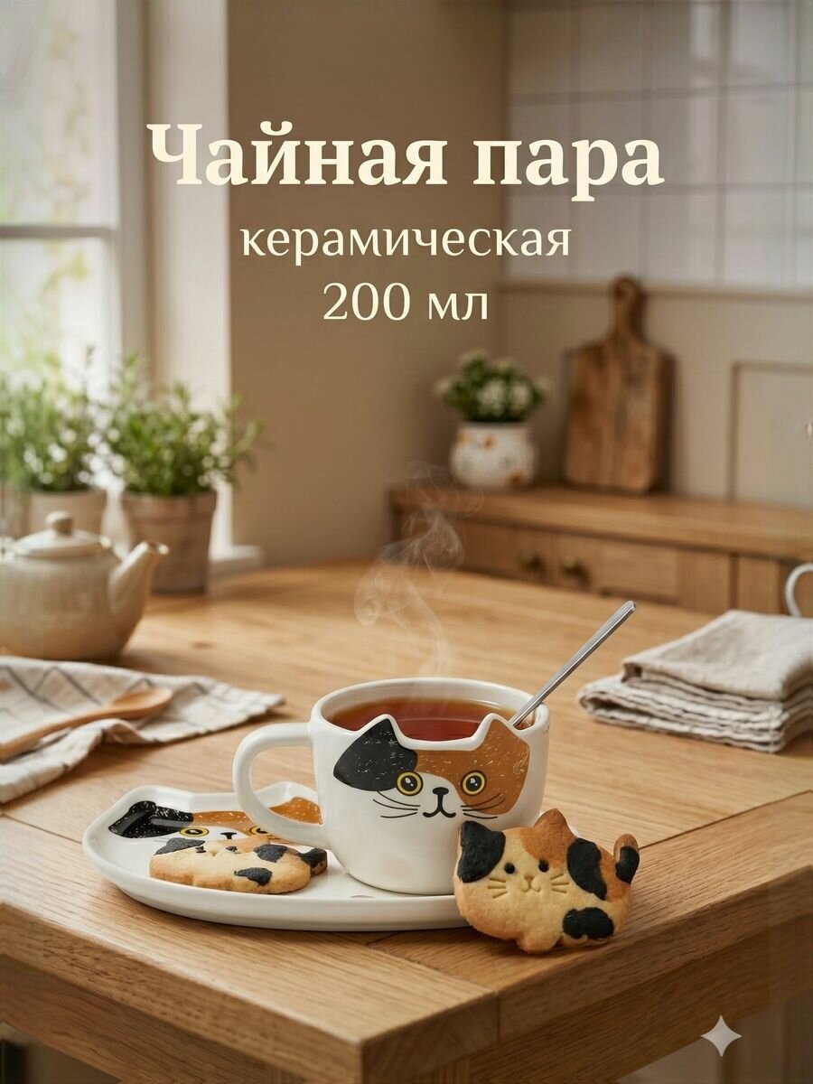 Чайная пара из керамики "Котик", набор для чаепития на 1 персону: чашка 200 мл, тарелка десертная 18х11 см, ложка