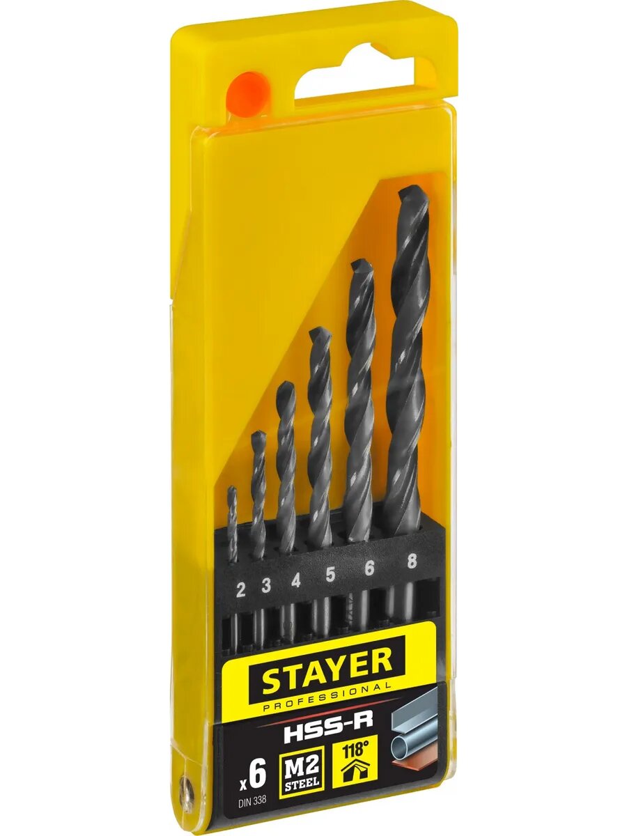 STAYER HSS-R, 6 шт, (2-8 мм), быстрорежущая сталь P6M5,