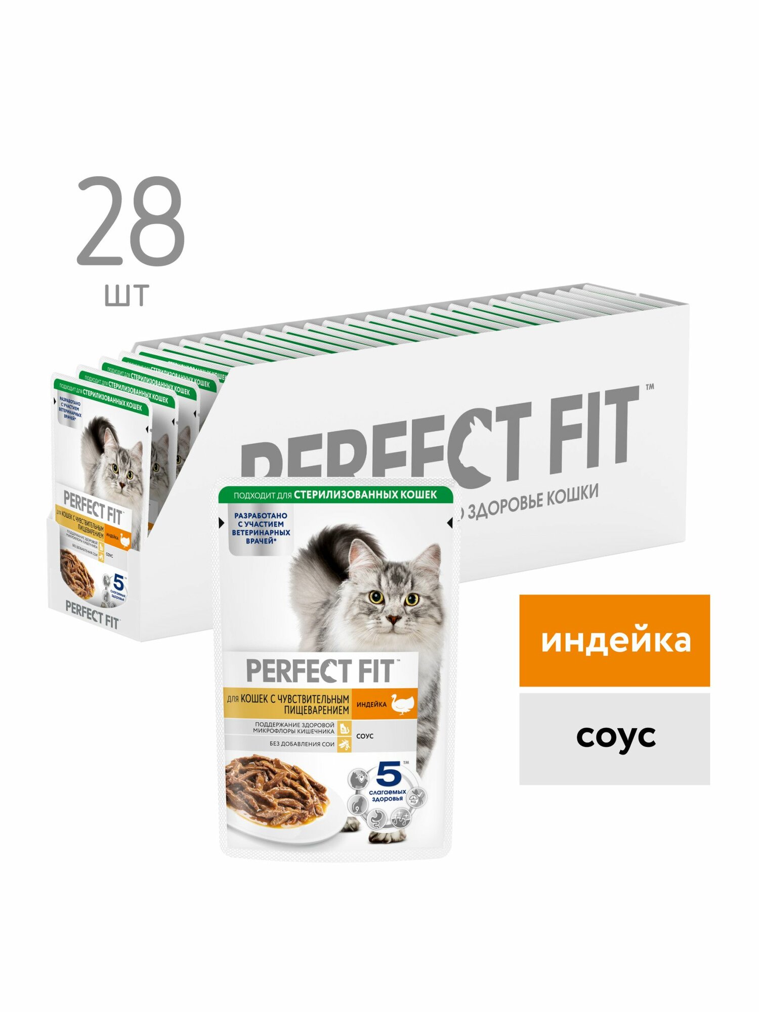 Влажный корм для кошек Perfect Fit с чувствительным пищеварением, полнорационный с индейкой в соусе 28 шт х 75 г
