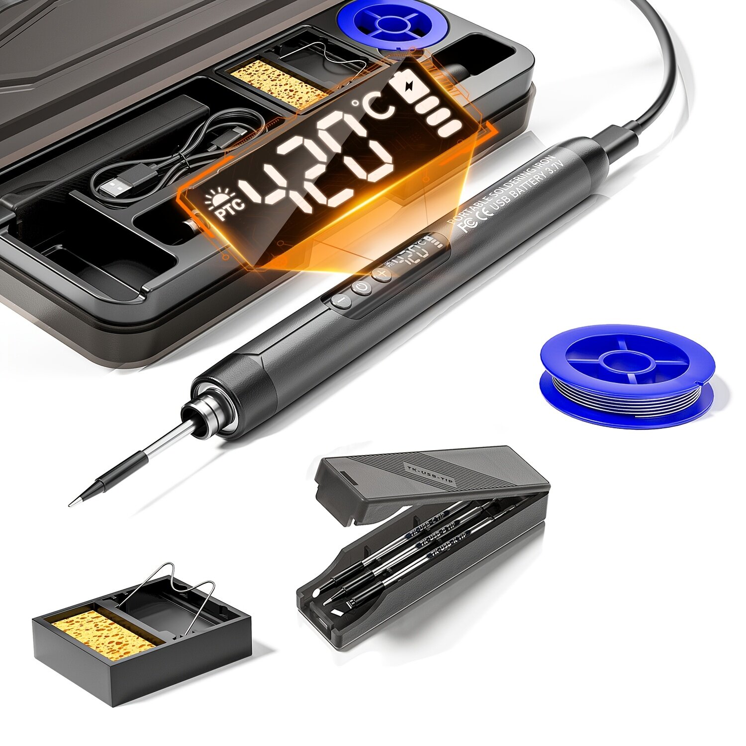 Портативный USB-паяльник с регулировкой температуры и цифровым дисплеем, набор для пайки с тремя насадками, припоем, подставкой и кейсом для хранения, серый
