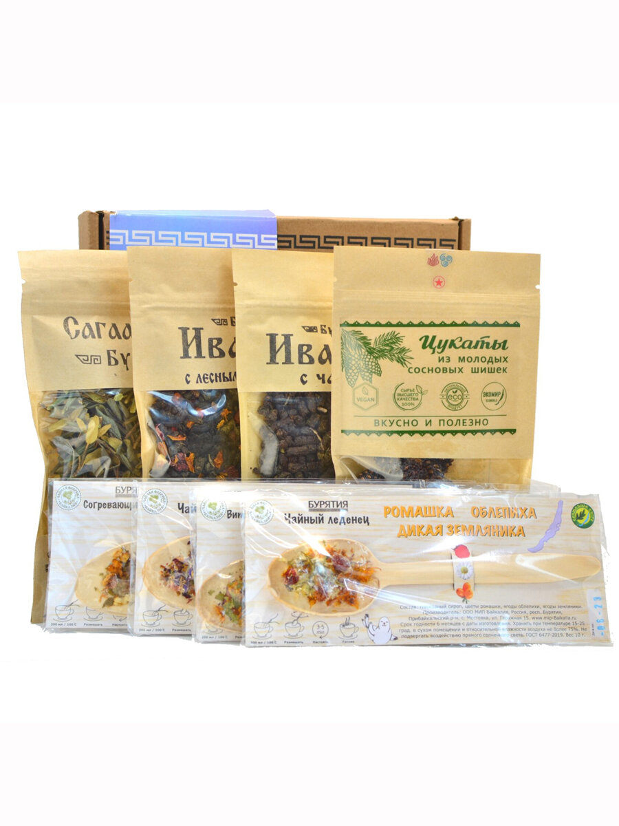 Набор подарочный Сердце Байкала (три вида чая иван чай саган дали, 4 вида чайных леденцов, вяленные сосновые шишки)