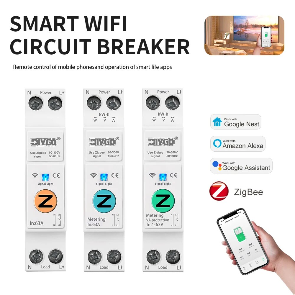 Умный автоматический выключатель ZigBee 1P 63A с измерительной DIN-рейкой для дома, беспроводной голосовой пульт дистанционного управления, приложение Google Home Alexa