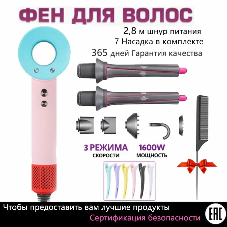 Beutyone Фен для волос 2064HD1 1600 Вт, скоростей 3, кол-во насадок 7, синий, светло-розовый