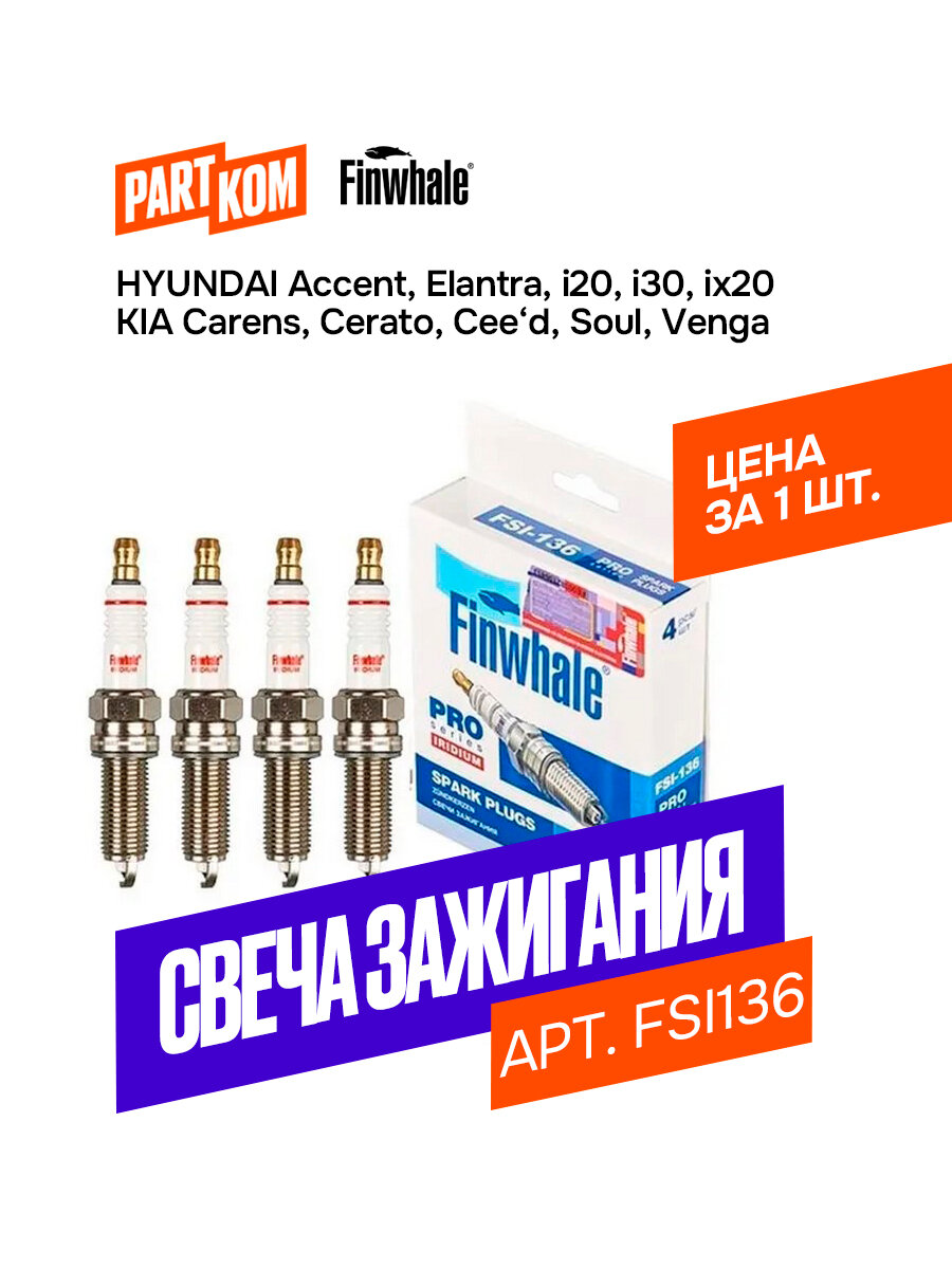 Свеча зажигания IRIDIUM для а/м HYUNDAI i30, Elantra; KIA Cerato, Finwhale FSI136