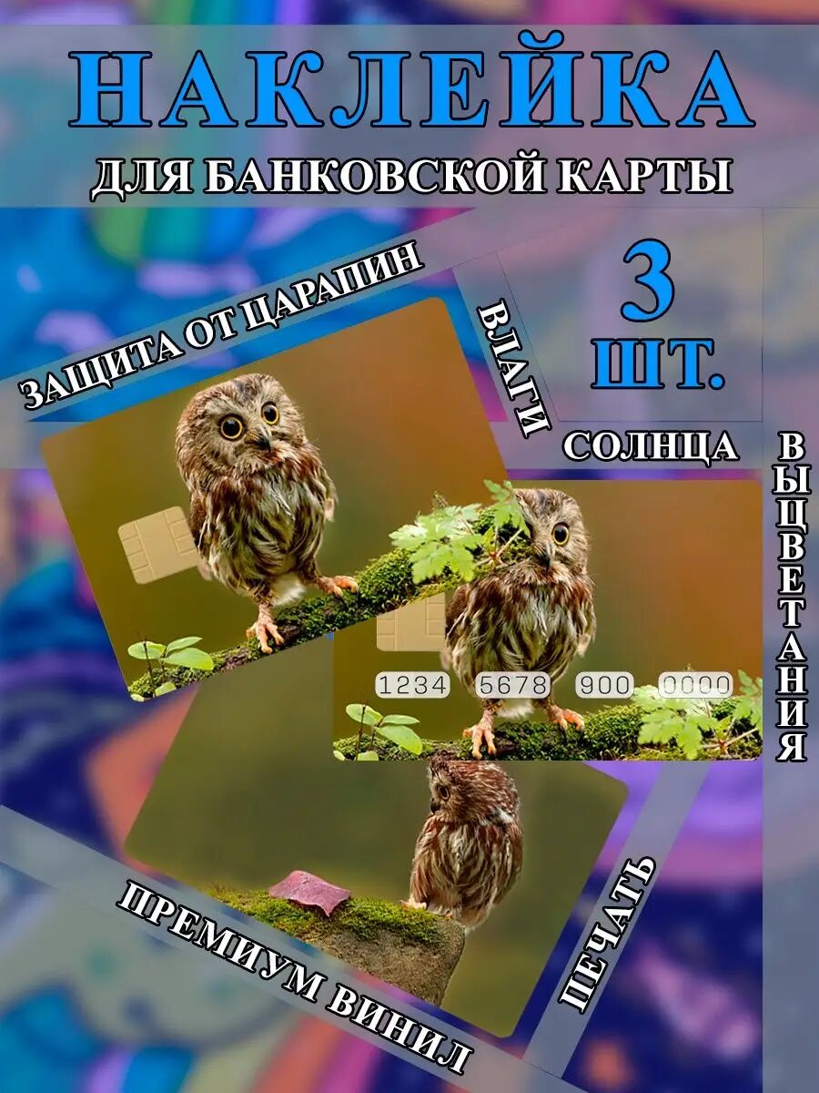 Наклейка на банковскую карту, с вырезом под чип и номер, изображение "сова"