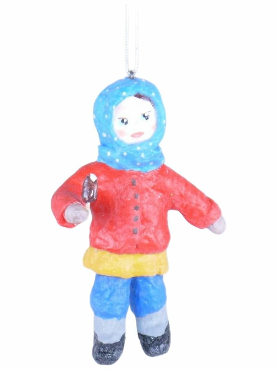 Девочка с эскимо, ватная игрушка ручной работы. Новогодние игрушки на елку, елочное украшение.