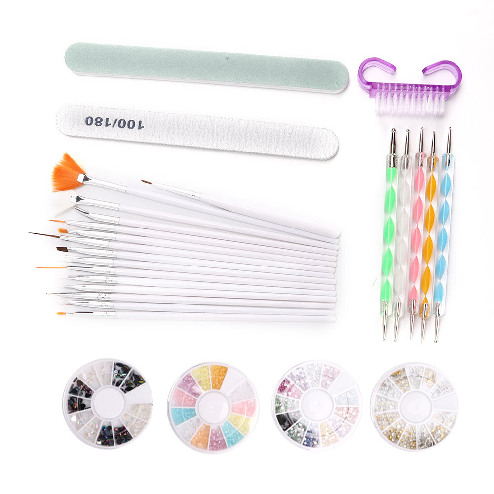 Кисть для рисования ногтей, точечная ручка, пилочка для ногтей, стразы, кисть для пыли, набор инструментов для маникюра