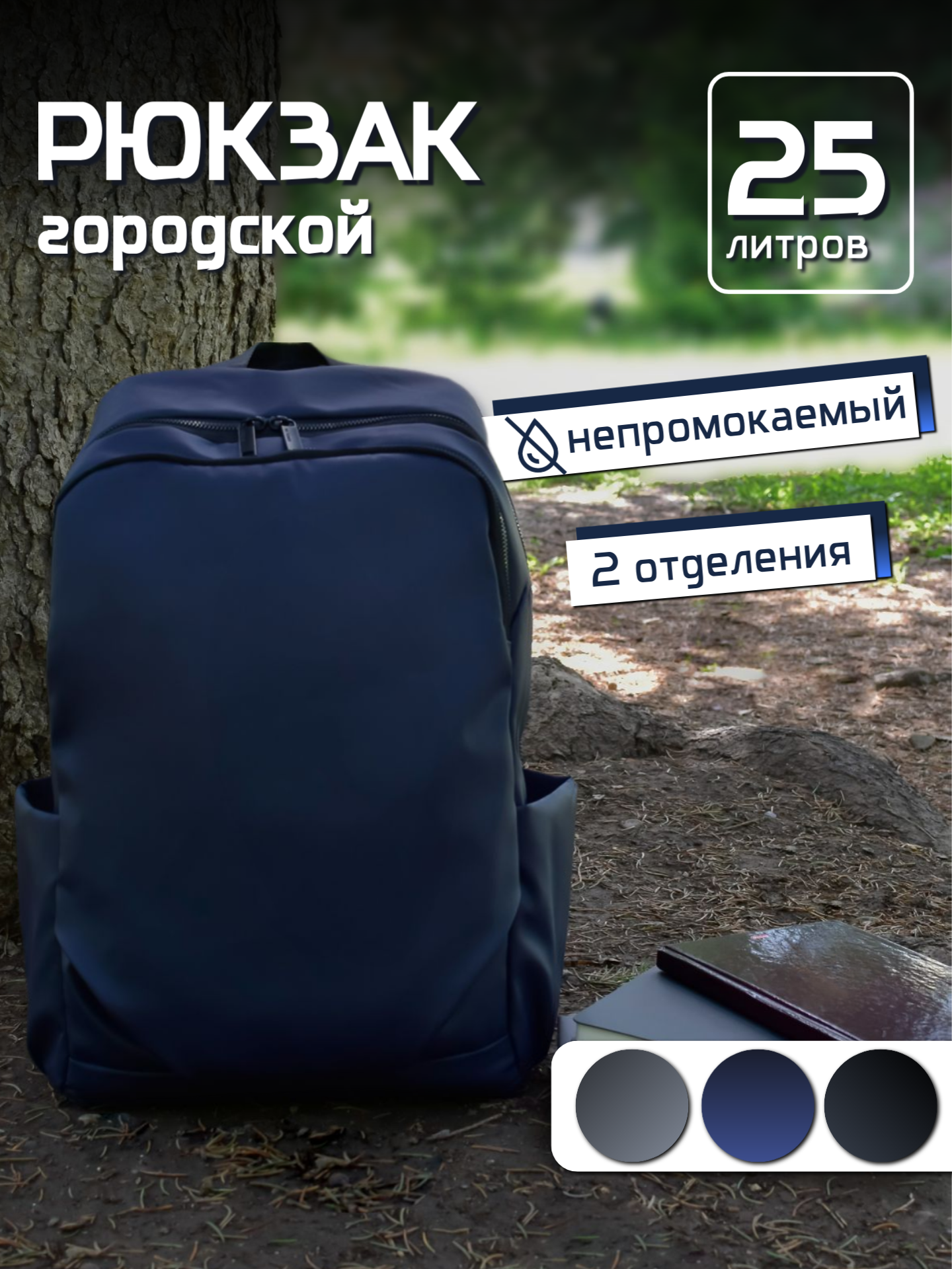 Рюкзак синий унисекс школьный для подростков 25-30 л. базовый в дорогу водонепроницаемый