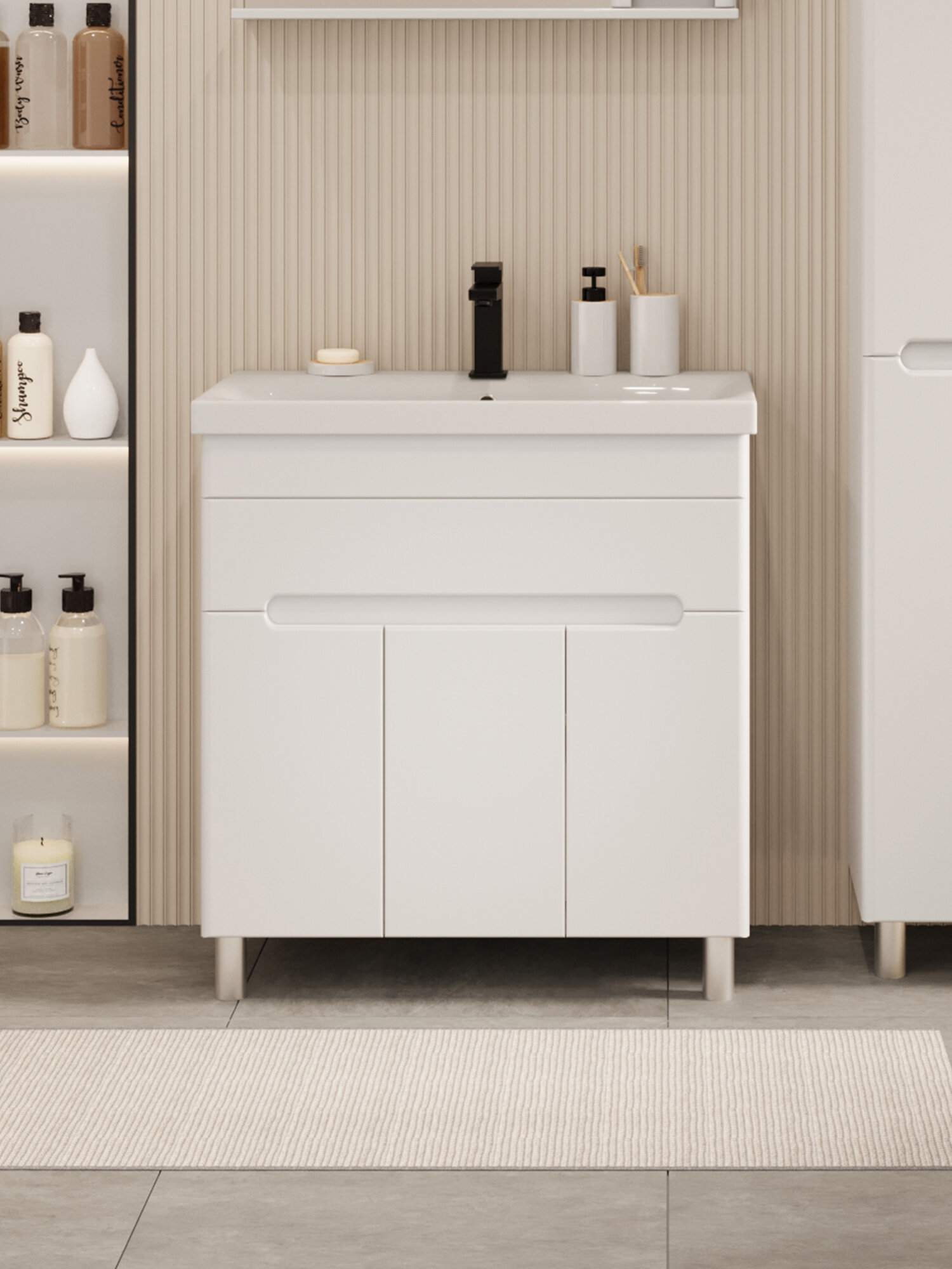 Тумба напольная Vannika Bliss 80 с раковиной Moduo 80 для ванной комнаты, белая