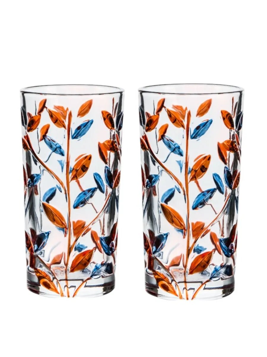 Стаканы "Цветной Кит", стекло, 2 шт, ручная роспись, синий/оранжево-красный