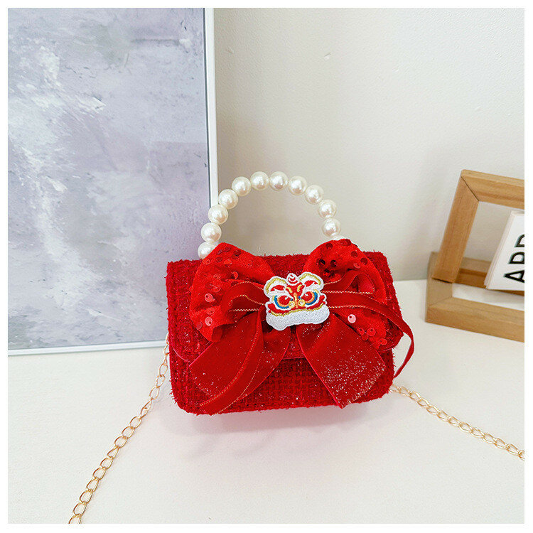 Adoreble red pom pom handbag for girls sweet single shoulder bag for young girls red tiger