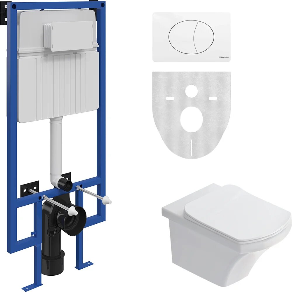 Комплект STWORKI Хальмстад 6 в 1: инсталляция, унитаз подвесной с микролифтом, кнопка смыва 230824 белая, крепления к стене, шумоизоляция