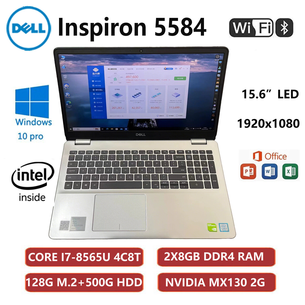Подержанный ноутбук 15.6" DELL Inspiron 5584( CORE I7-8565U+2X8GB DDR4 2400 RAM+128G M.2 NVME SSD+NVida GeForce 130MX 2G+500G HDD+Intel UHD 620 Видеокарта+1920X1080 IPS 4K) Win 10 pro