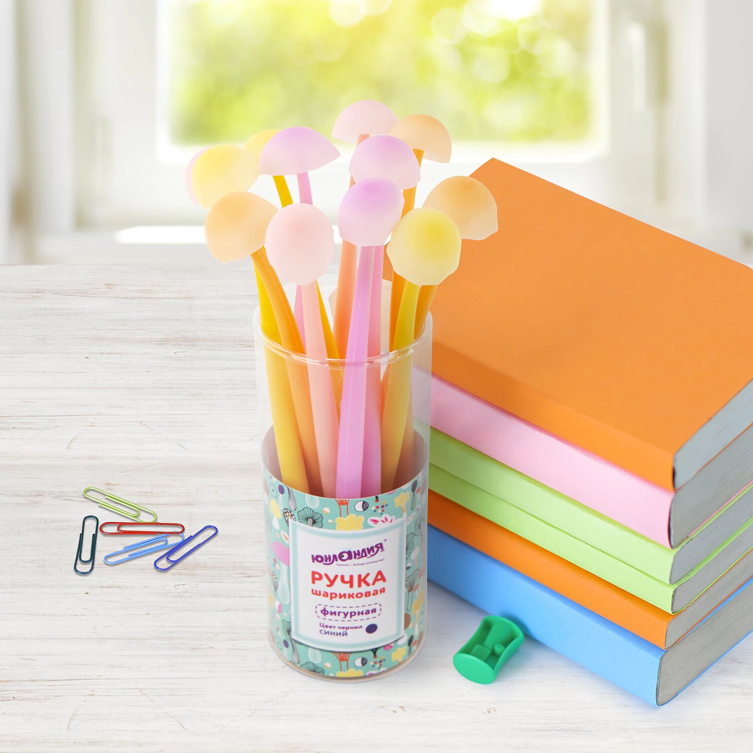 Ручка фигурная шариковая юнландия "Гриб", силиконовый корпус, ассорти, синяя, пишущий узел 0,7 мм, 143796, 12шт.