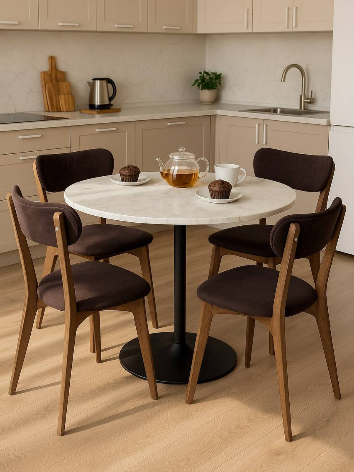 Стулья для кухни SANYAK комплект 4 шт деревянные мягкие со спинкой для обеденной зоны, велюр, Коричневый