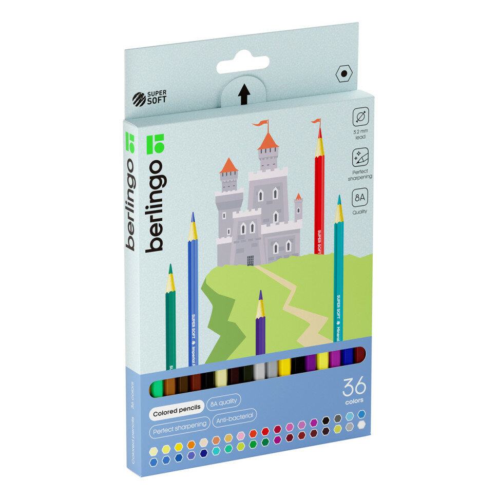 Карандаши цветные Berlingo "SuperSoft. Замки", 36цв, заточен, картон, европодвес, 297233