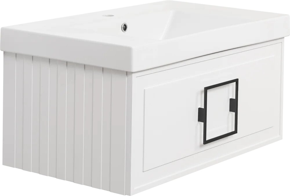 Тумба с раковиной La Fenice Cubo 80 подвесная, 80, 5 см, белая, матовая, из МДФ, с ящиками, раковина для ванной фаянсовая, прямоугольная, встроенный слив-перелив