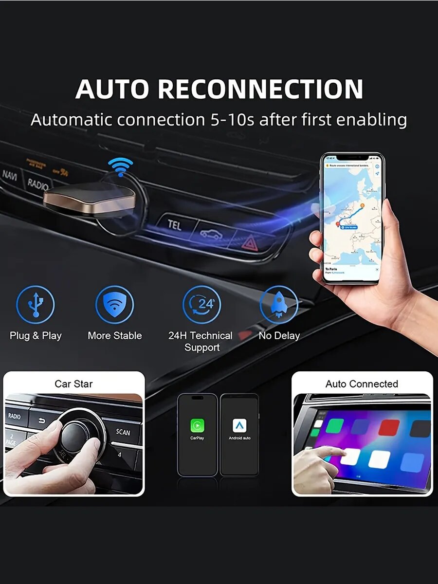 Беспроводной адаптер CarPlay Android Auto, 2 в 1, для автомобилей, золотистый/черный