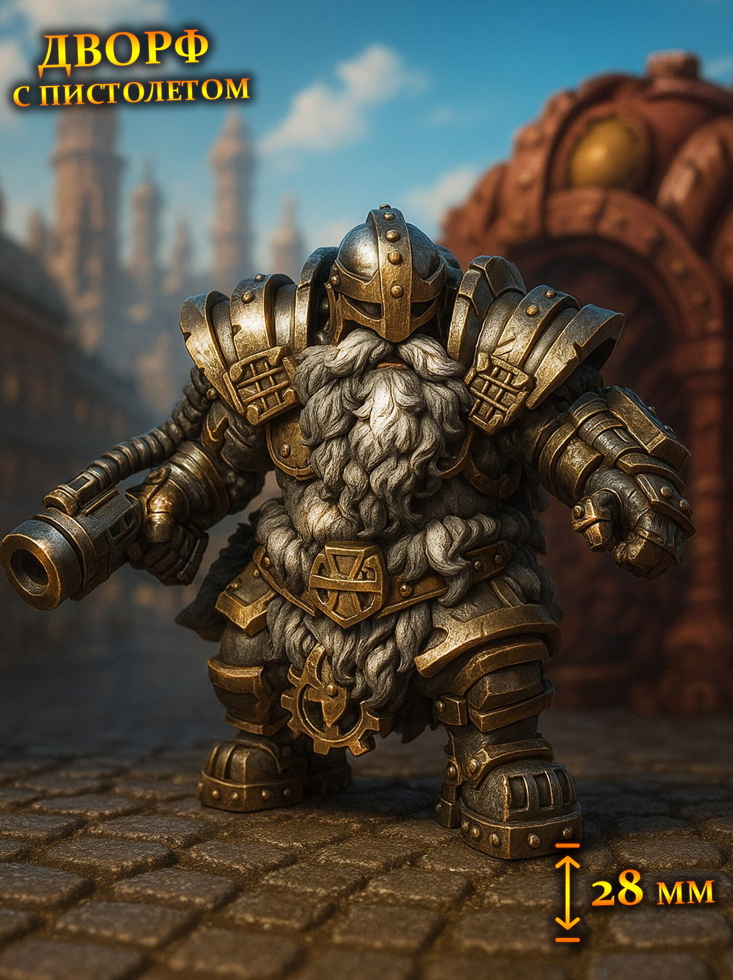 Дварф с пистолетом 28мм (Grand Alliance Order Kharadron Overlords Dwarf) миниатюра для DnD (ДнД) и других Настольных игр( НРИ, Варгеймов или РПГ), фентези тематика