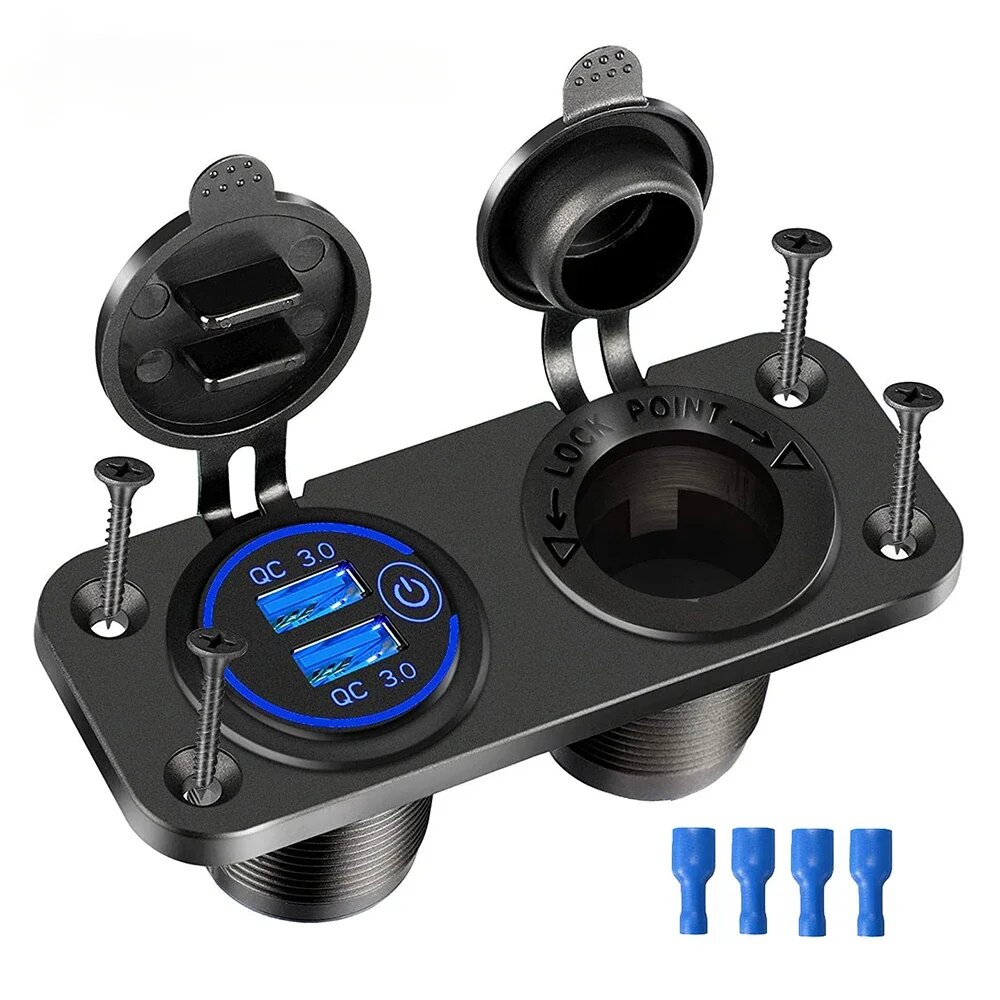 12 В-24 В Двойное Зарядное устройство USB водонепроницаемый адаптер питания Автомобильное зарядное устройство гнездо прикуривателя с сенсорным выключателем, Синий