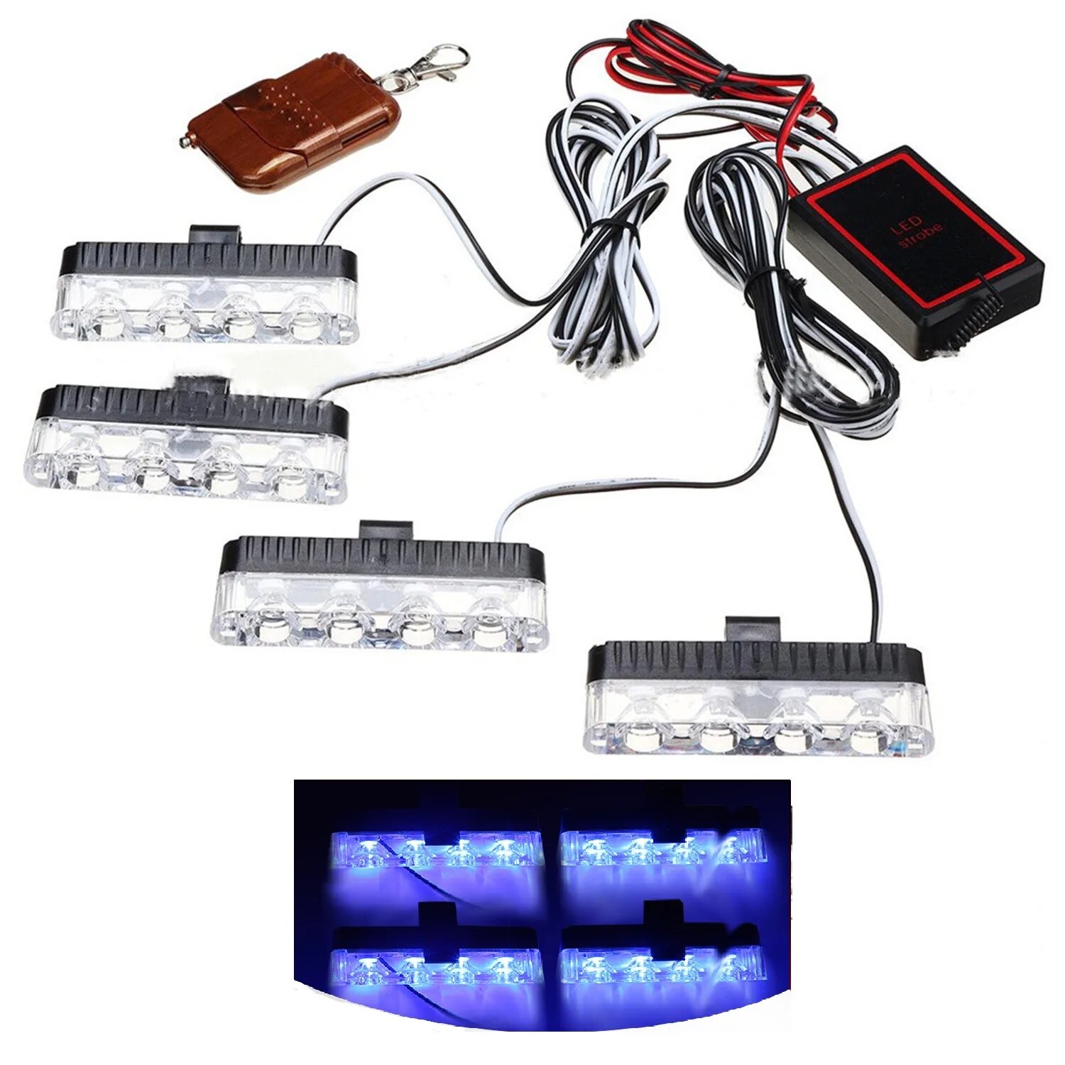 4 в 1 красный, синий аварийный стробоскоп, полицейский свет 12 В с беспроводным пультом дистанционного управления, вспышка, лампа для автомобилей, грузовиков, фургонов, внедорожников, 4X4LED blue