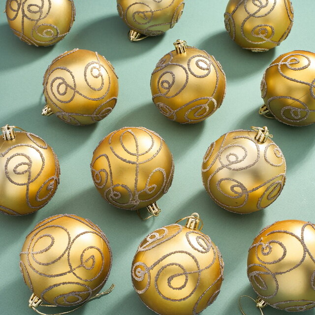 Набор пластиковых шаров Блестящий Пируэт 8 см золотой, 12 шт, Kaemingk, 025798-набор