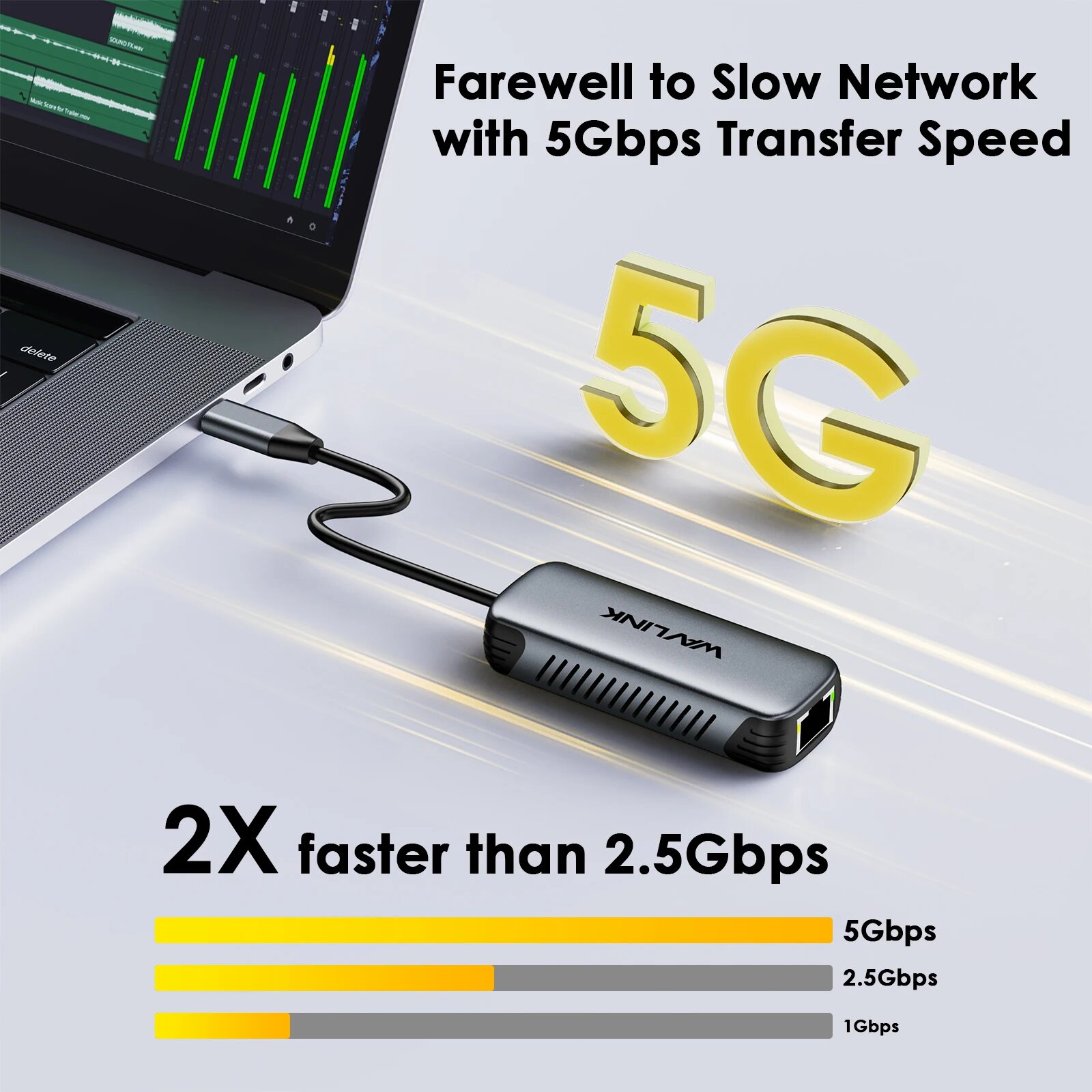 WAVLINK Адаптер USB C к Ethernet 2.5G серого цвета, 5G Gigabit Adapter