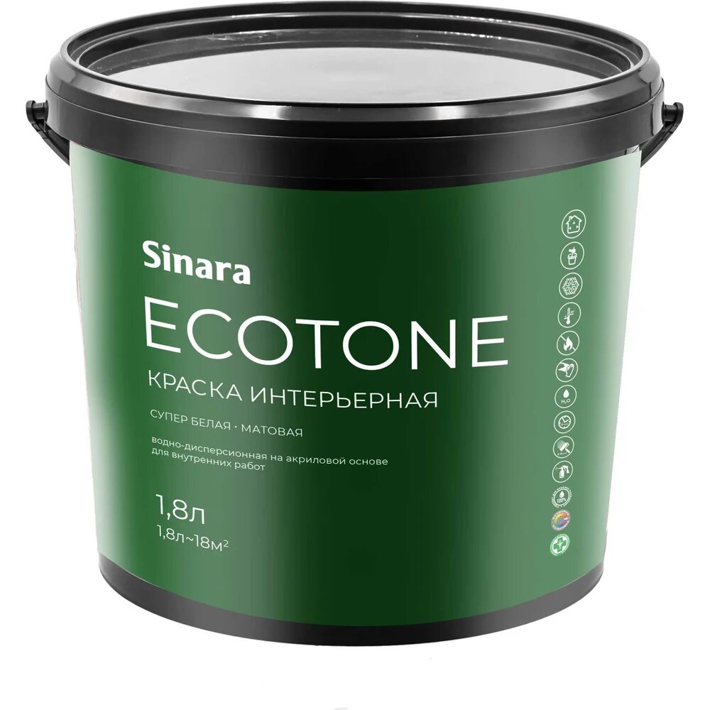 Sinara Ecotone Интерьерная супер белая (База А), матов, атмосферостойкая, Краска водно-дисперсионная на акриловой основе для внутренних работ. 1,8л SP 049