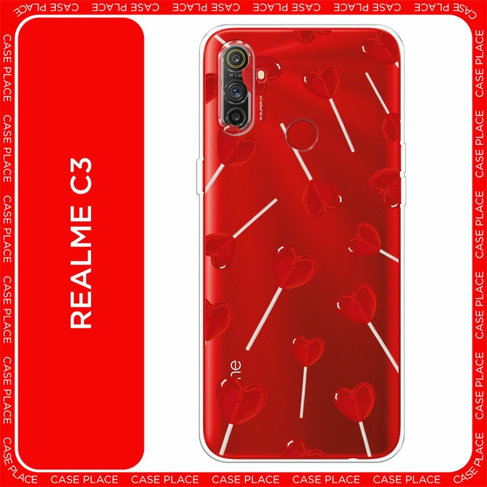 Чехол на Realme C3 / Реалми C3 с принтом "Сердечки-леденцы 2 - 14 февраля", прозрачный
