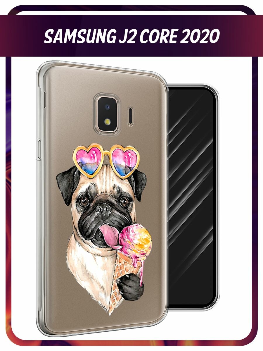 Чехол на Samsung Galaxy J2 Core (2018/2020) / Самсунг Галакси J2 Core (2020) с принтом Мопс с мороженкой, прозрачный