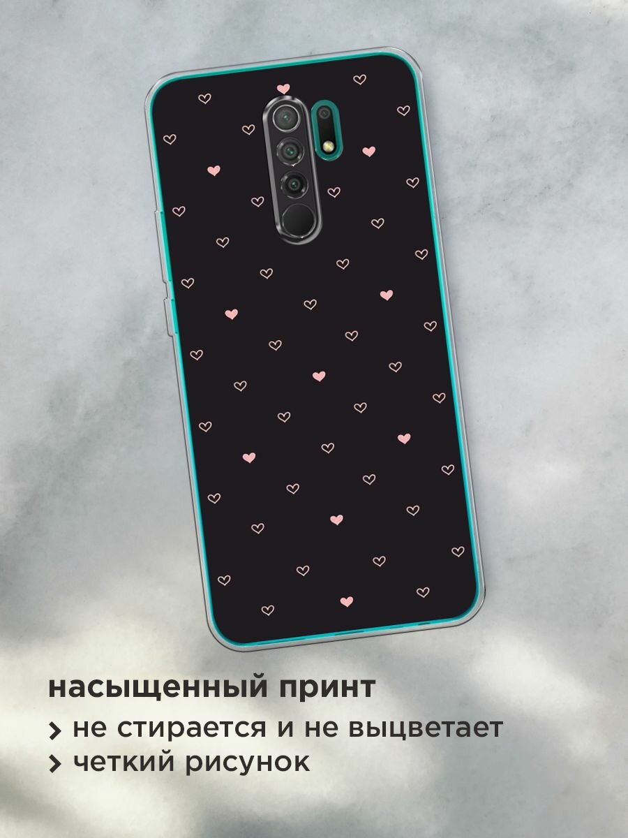 Чехол на Xiaomi Redmi 9 / Сяоми Редми 9 с принтом "Черный фон и сердечки" — фото 1