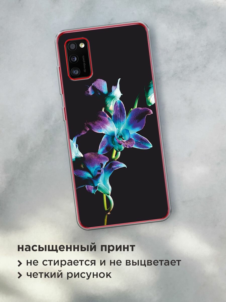 Чехол на Samsung Galaxy A41 / Самсунг Галакси А41 с принтом "Синий цветок на черном" — фото 1