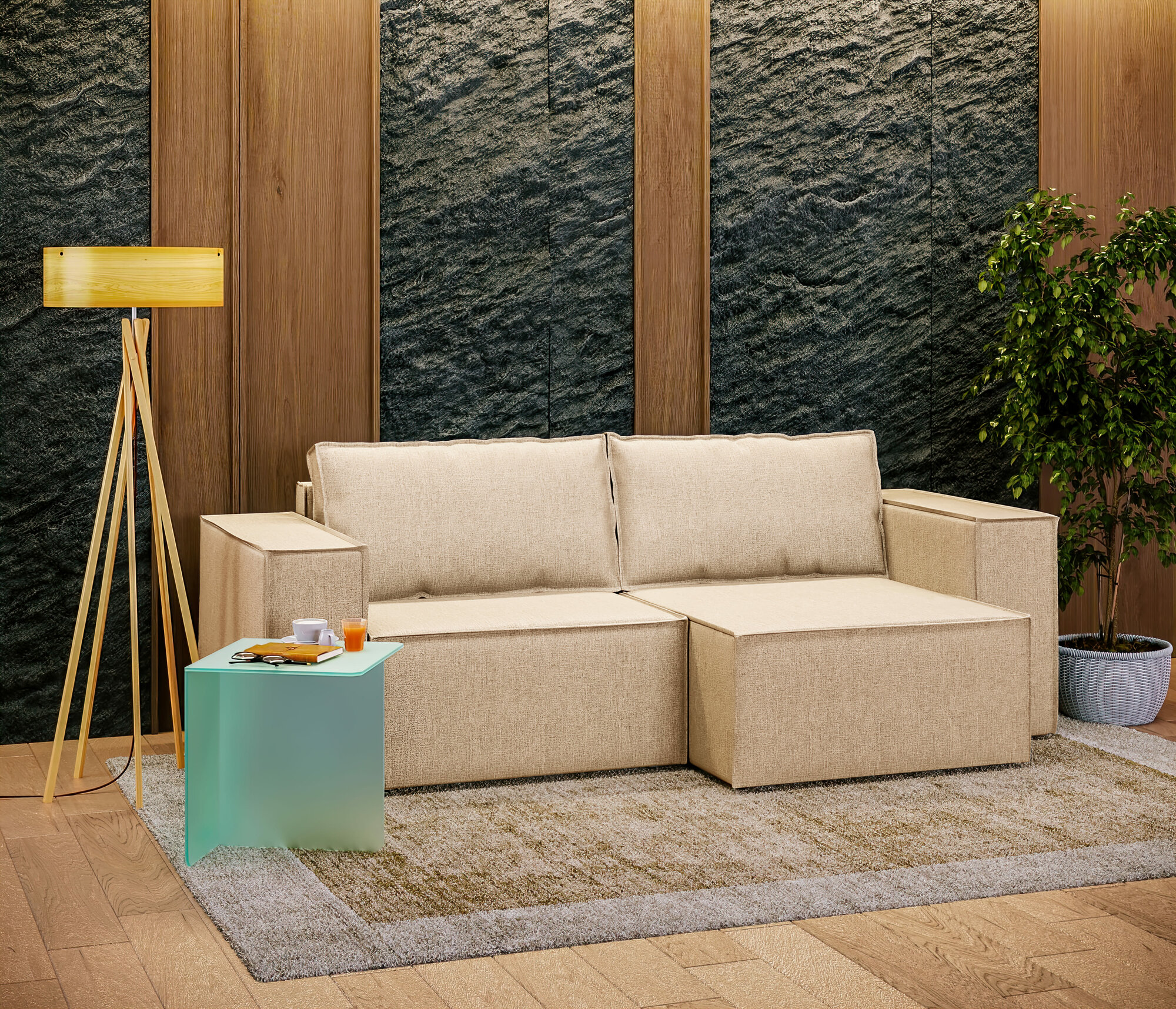 Угловой диван эби, еврокнижка, рогожка саванна камел , ППУ