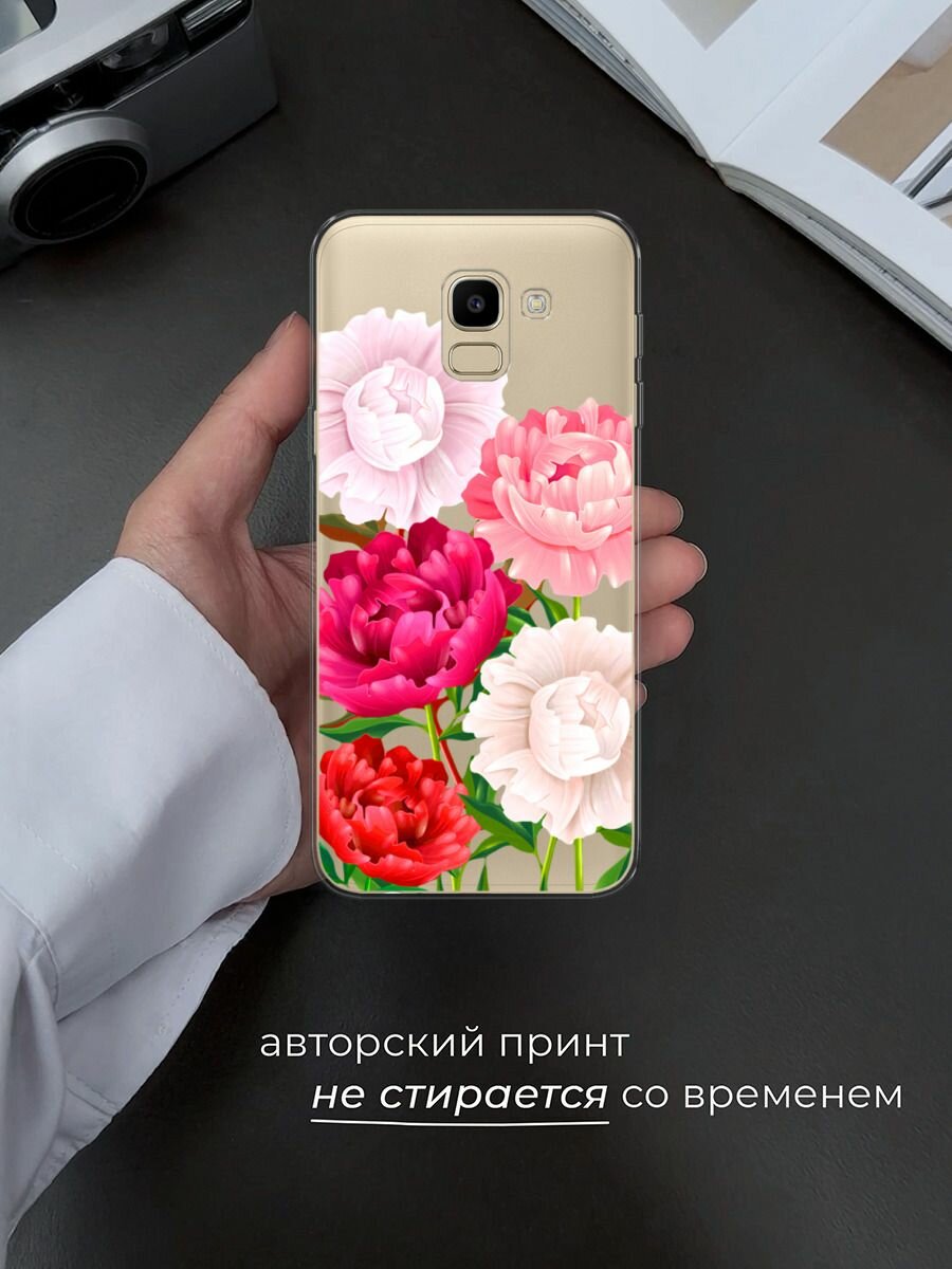 Чехол на Samsung Galaxy J6 2018 / Самсунг Галакси Джей 6 2018 с принтом "Большие пионы", прозрачный — фото 1