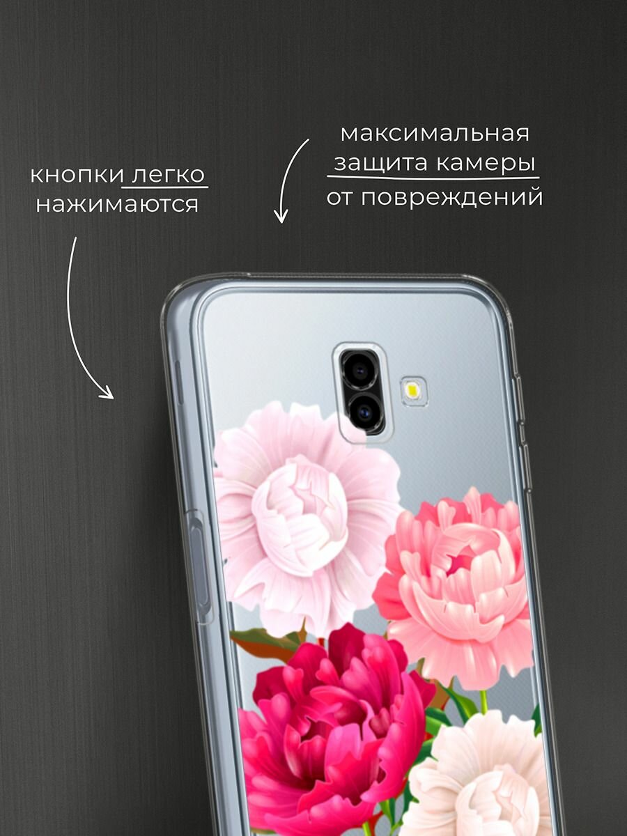 Чехол на Samsung Galaxy J6 + / Самсунг Галакси J6 Плюс 2018 с принтом "Большие пионы", прозрачный — фото 1