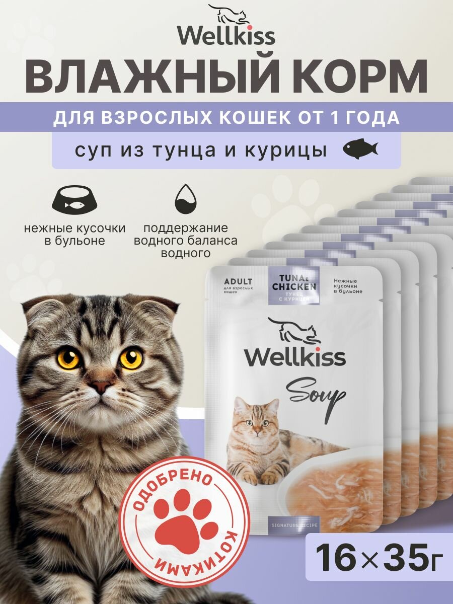 Wellkiss Adult Влажный корм (пауч) для взрослых кошек, суп из тунца и курицы, 35 гр. * 16 шт.