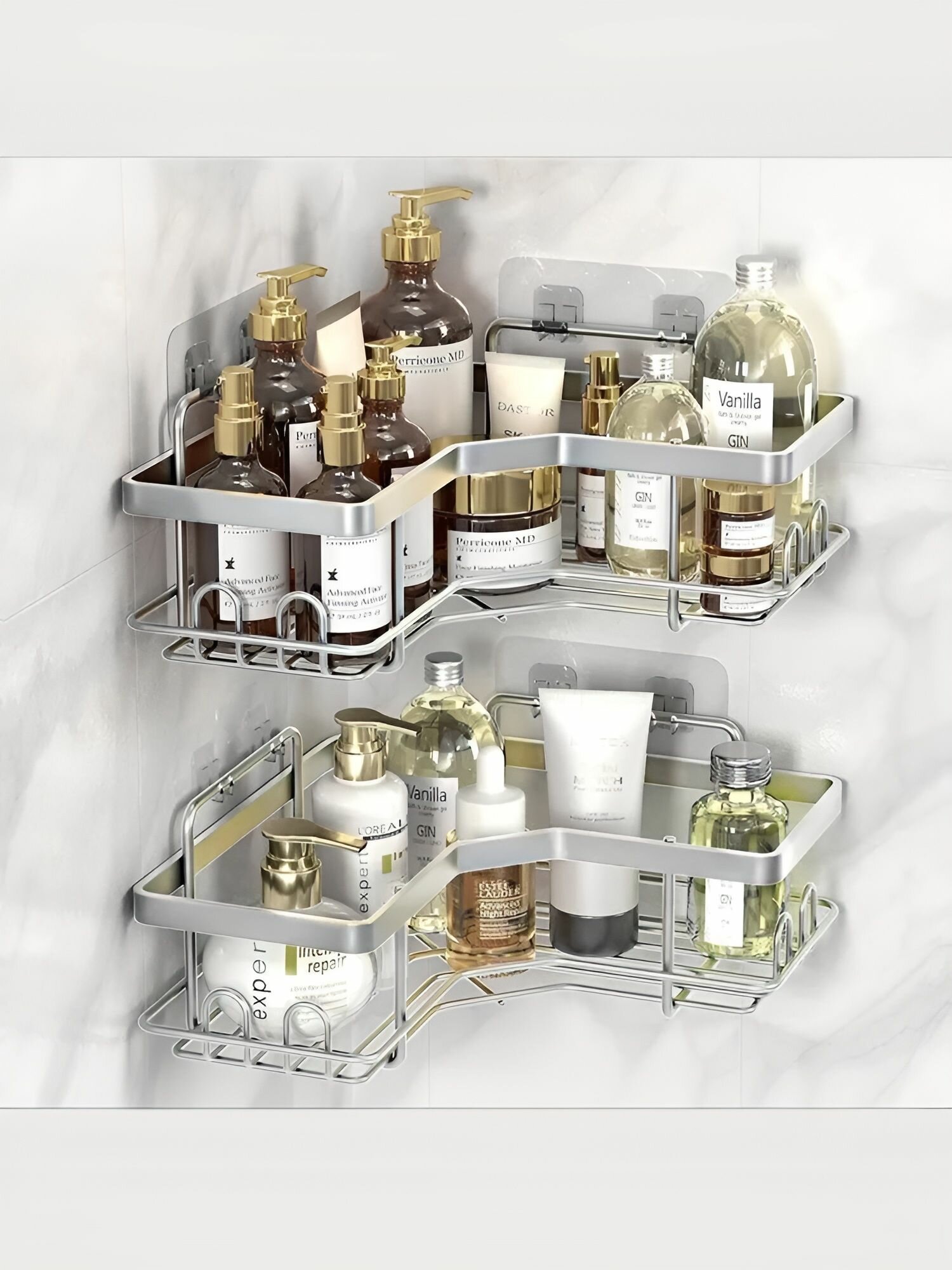 Угловая Полка Для Ванной Комнаты, Туалета И Кухни Для Хранения Принадлежностей, Шампуней, Мыла, Крема. Самоклеящаяся На Липучках, Без Сверления. Открытая, Ярусная, Металлическая, Настенная. 2шт.