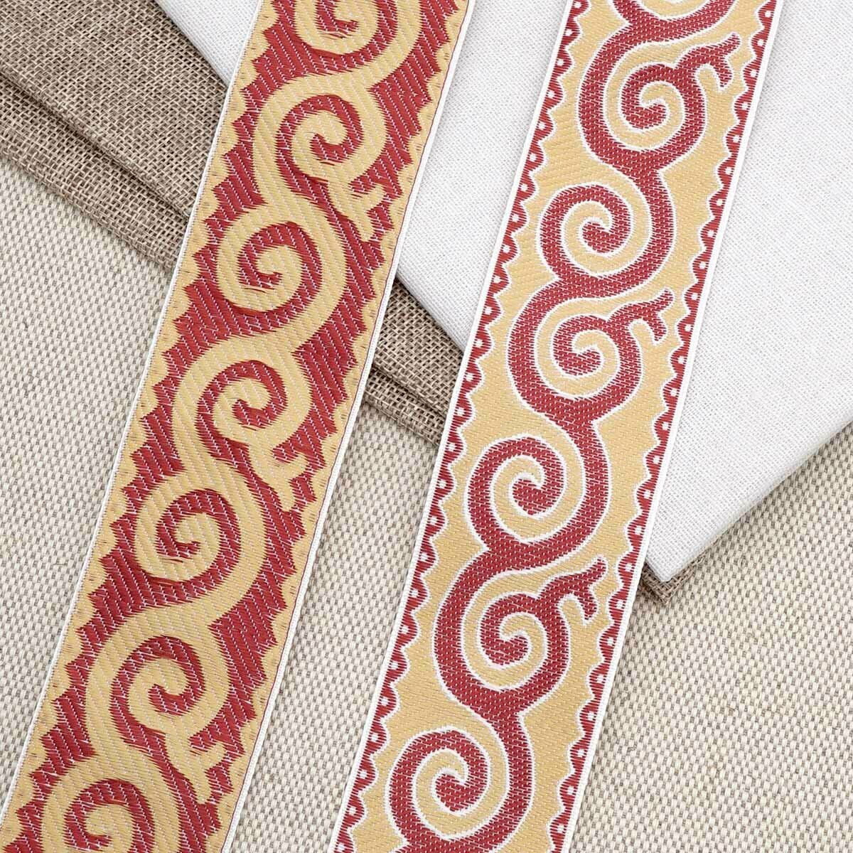 Лента декоративная с орнаментом для шитья и рукоделия 'Славянский орнамент Оберег', 5см*25м, цвет белый/бордовый/бежевый