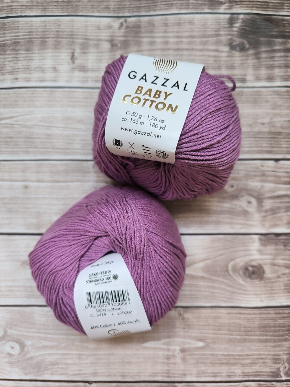 Пряжа Gazzal baby cotton, цвет 3414 сиреневый, набор 2 мотка, вес мотка 50 гр, длина нити 165 м (Газзал беби катон)