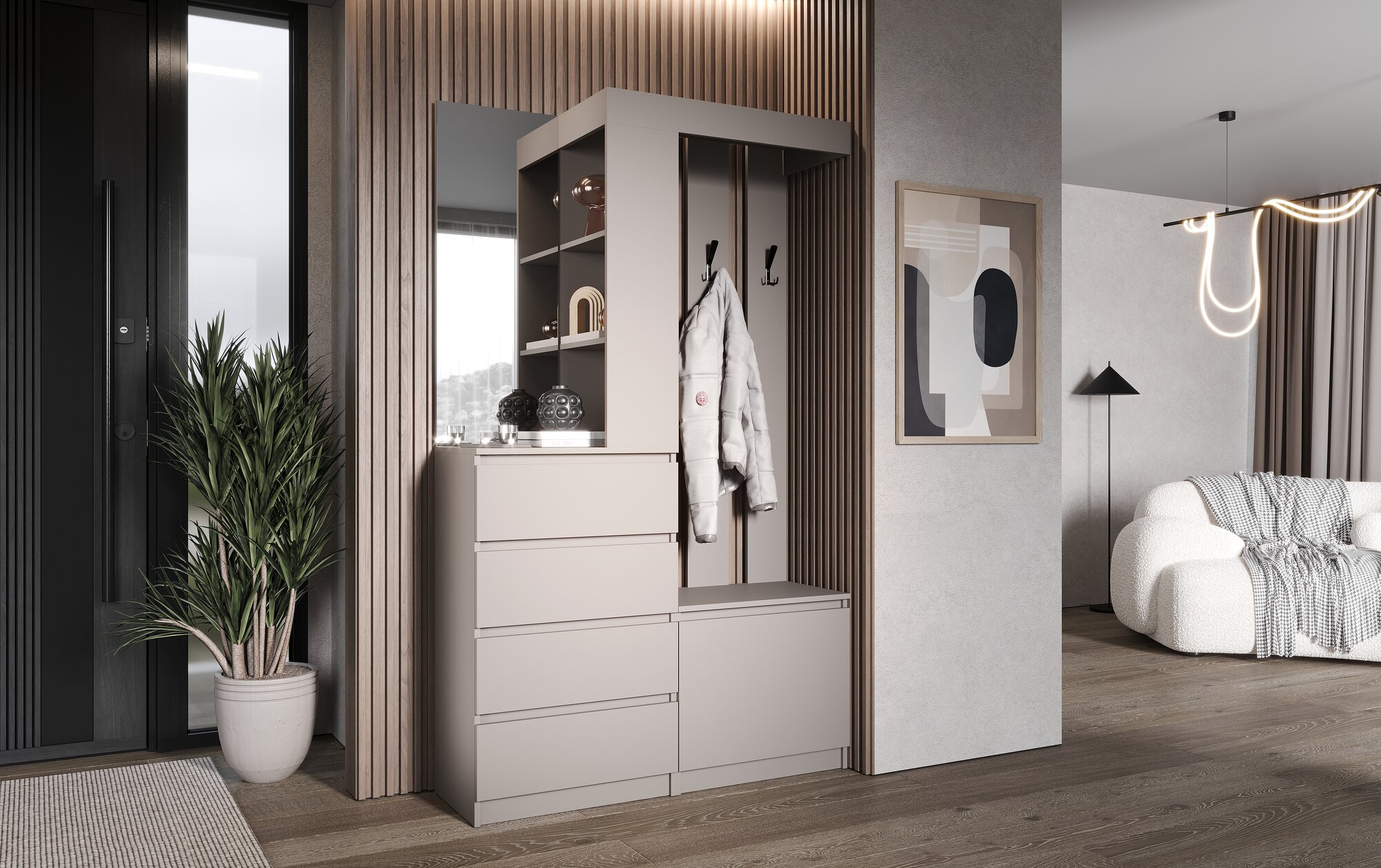 Прихожая Челси Кашемир Миф/ Прихожая с 4-мя ящиками и зеркалом 120х200х37,8 см