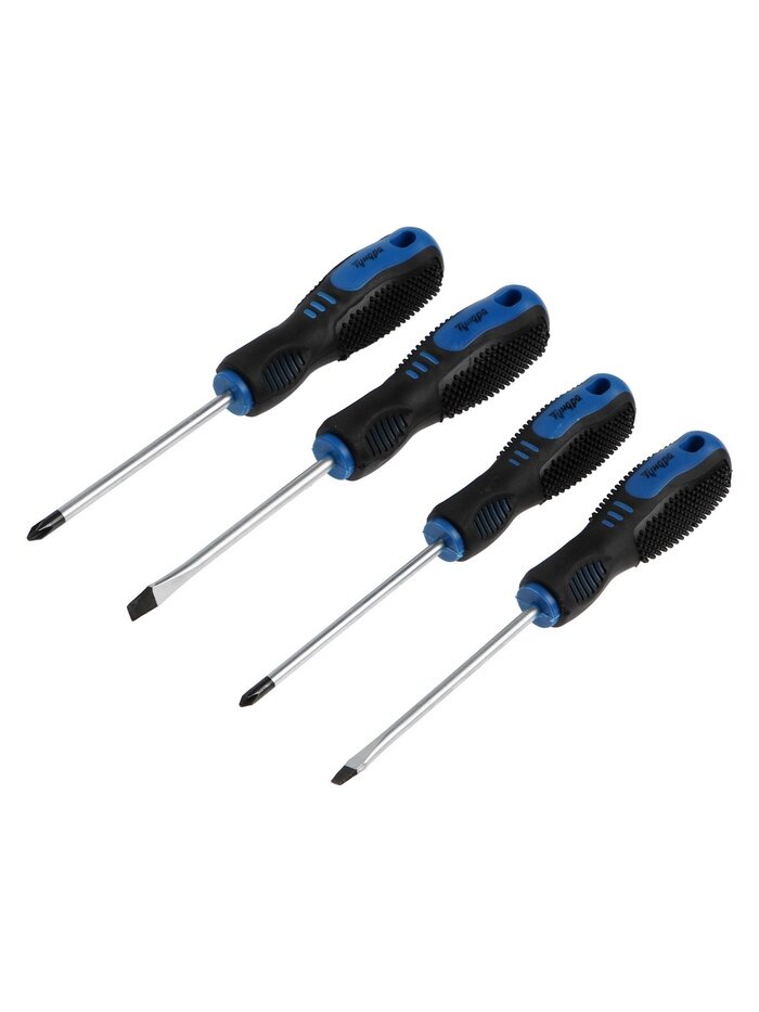 Набор отверток тундра, CrV, хром, магнит, 2К рукоятки, PH1, PH2, SL5, SL6×100 мм, 4 шт.