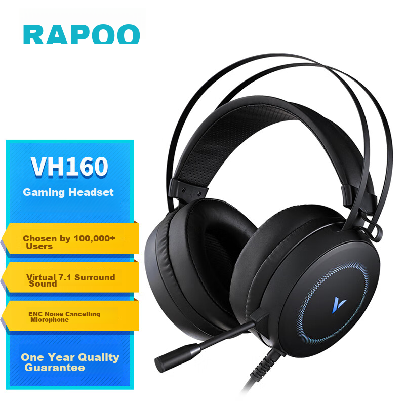 Rapoo VH160 Wired Headset, Virtual 7.1 Channel Gaming Headphones, USB Computer Headset, E-Sports Headphones, Over-Ear Headphones, Stereo Surround Sound, Black